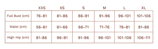 Sizing chart – Saya The Brand